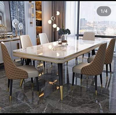 Buy CREAM MARBLE TOP DINING TABLE & CREAM AND BROWN CHAIRS BY 6 (FEPLA ...